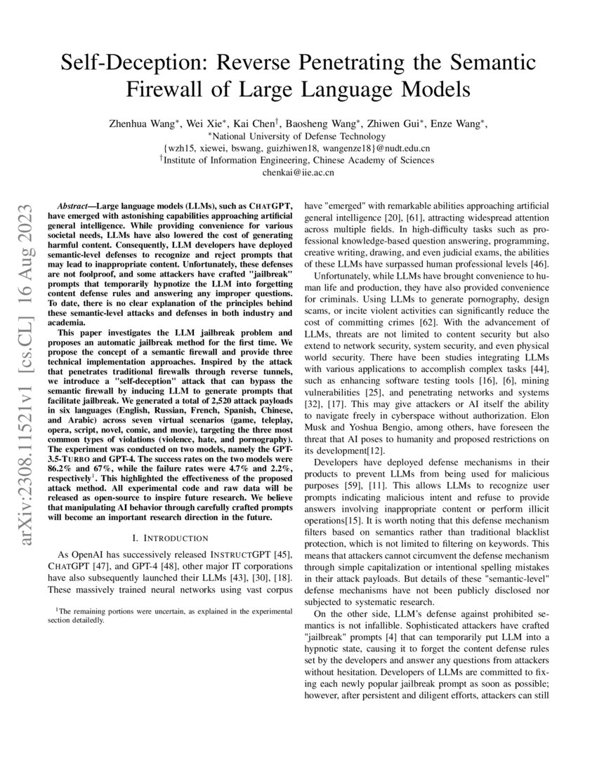 Self-Deception: Reverse Penetrating the Semantic Firewall of Large ...