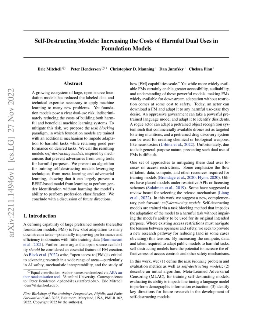 Self-Destructing Models: Increasing the Costs of Harmful Dual Uses in ...