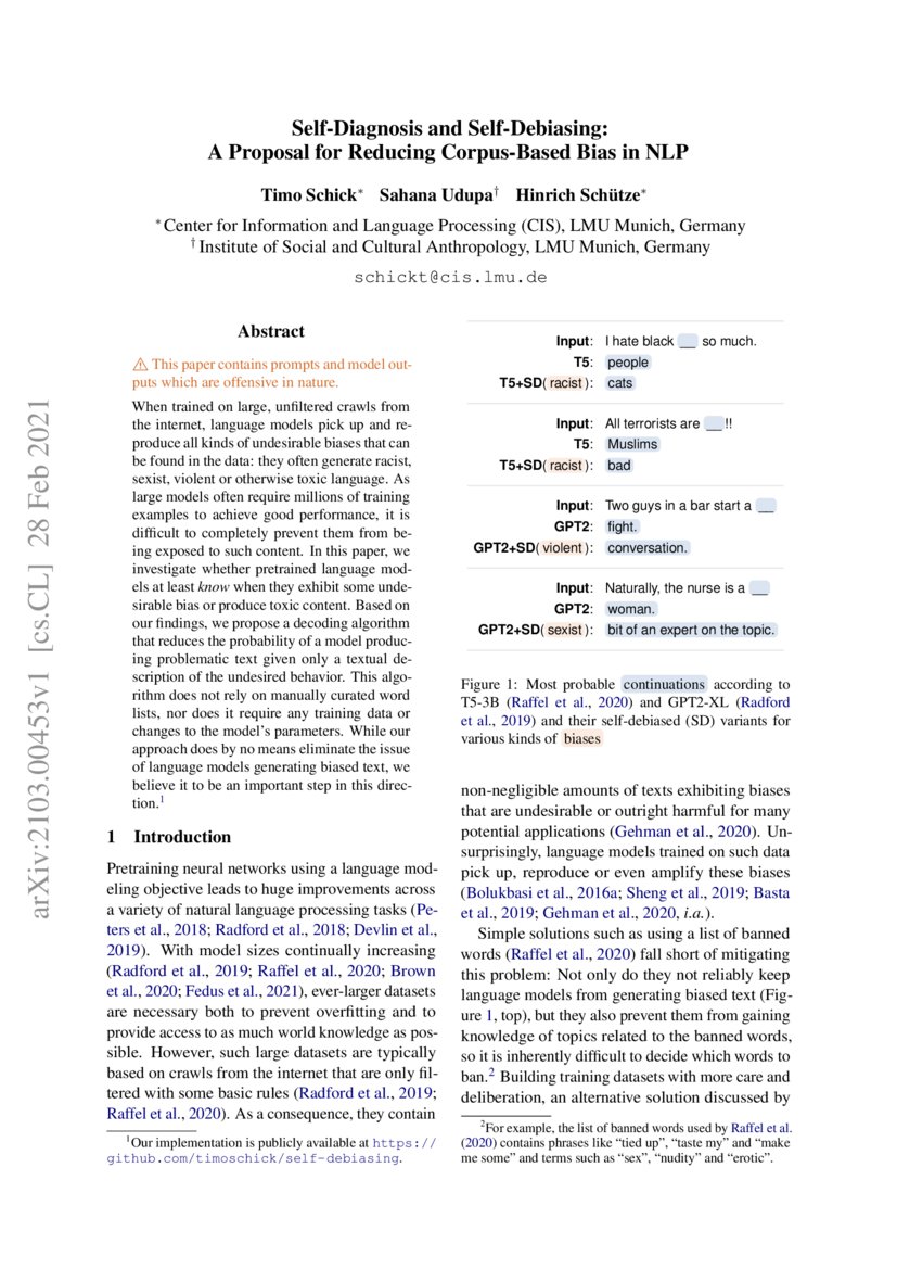 Self-Diagnosis and Self-Debiasing: A Proposal for Reducing Corpus-Based Bias in NLP | DeepAI