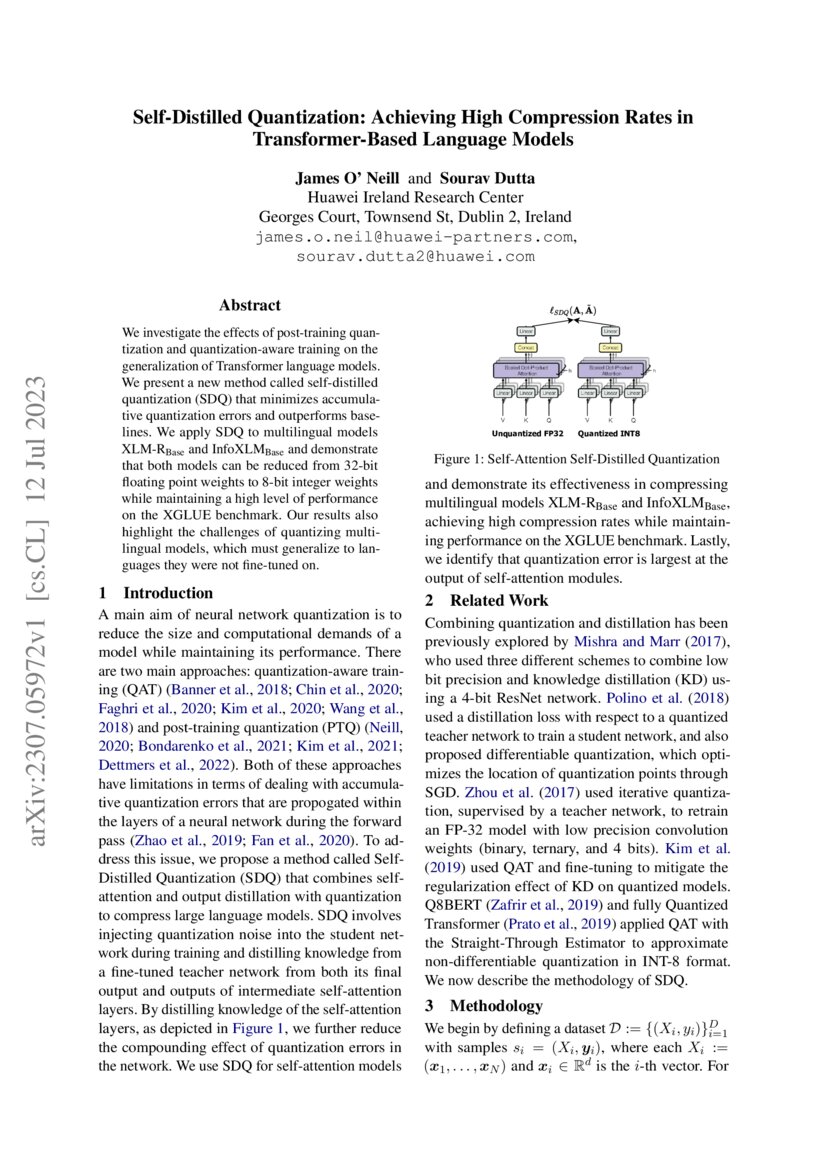 Self Distilled Quantization Achieving High Compression Rates In Transformer Based Language