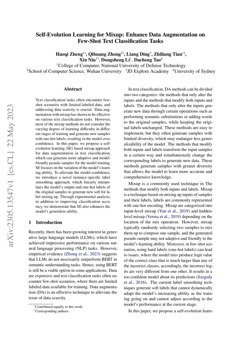 Self-Evolution Learning for Mixup: Enhance Data Augmentation on Few-Shot Text Classification ...