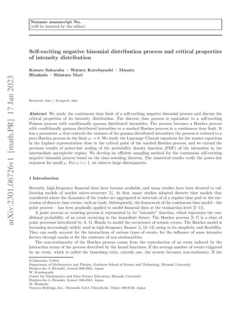 Self-exciting negative binomial distribution process and critical ...