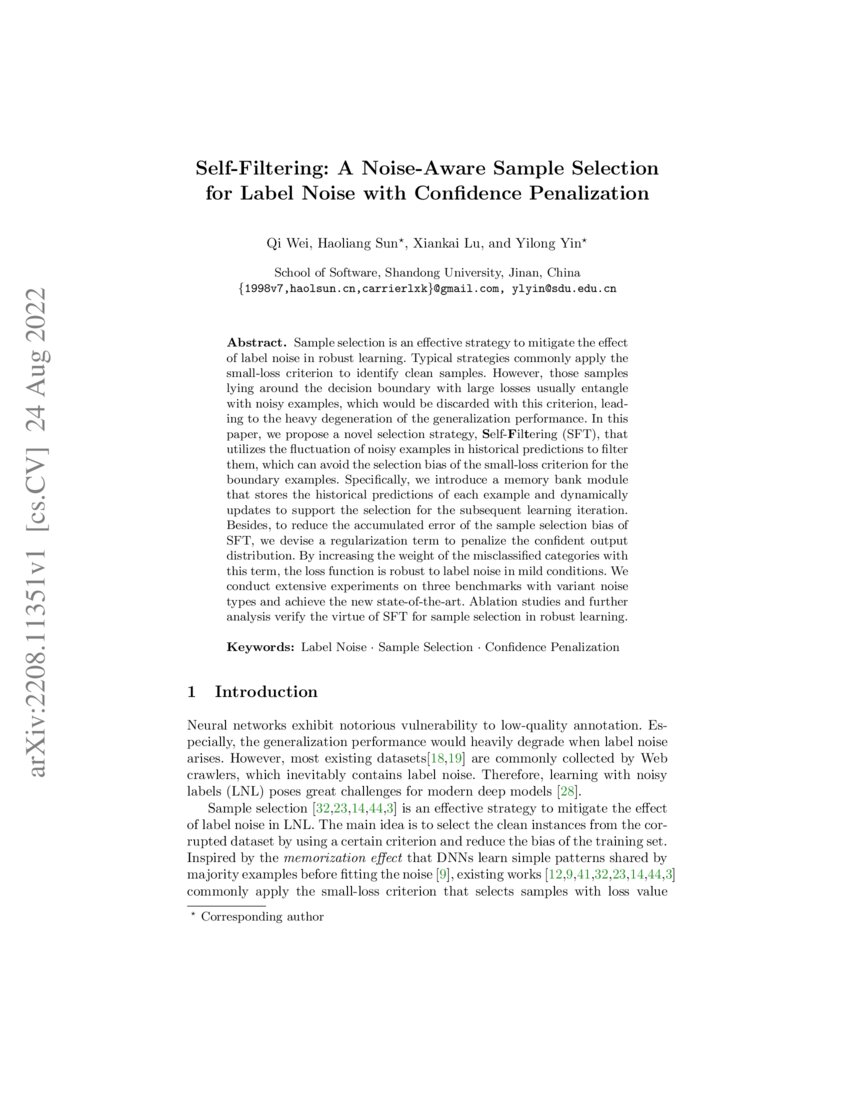 Self-Filtering: A Noise-Aware Sample Selection for Label Noise with ...