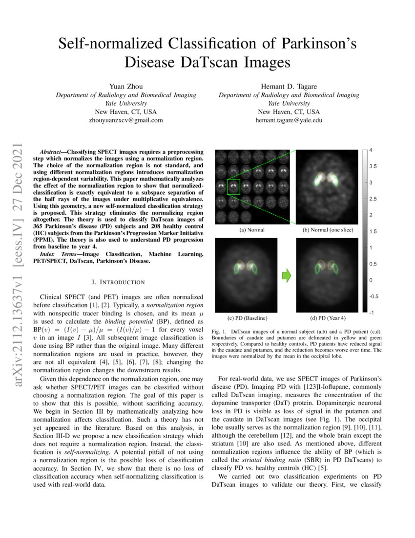 Self-normalized Classification of Parkinson's Disease DaTscan Images ...