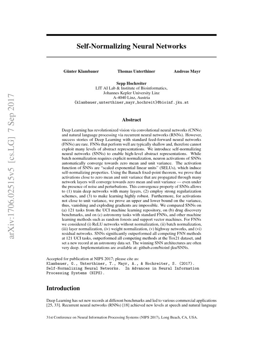 Self Normalizing Neural Networks Deepai
