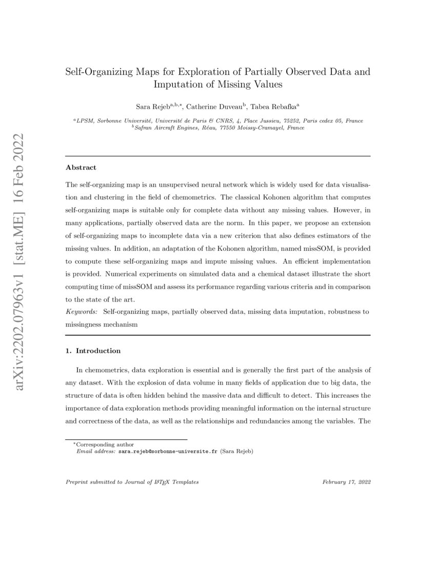 Self-Organizing Maps for Exploration of Partially Observed Data and Imputation of Missing Values ...