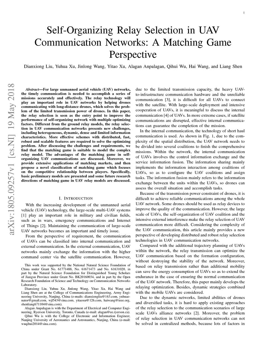 Self-Organizing Relay Selection in UAV Communication Networks: A Matching Game Perspective | DeepAI