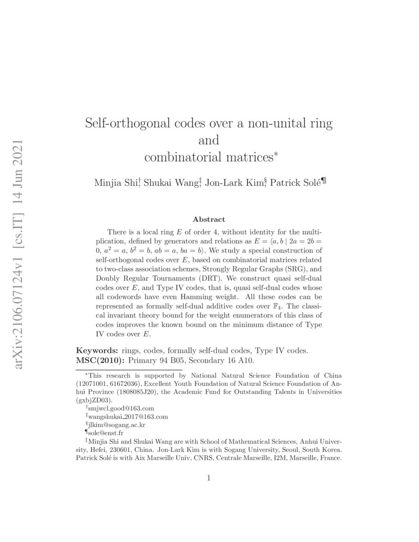 Self Orthogonal Codes Over A Non Unital Ring And Combinatorial Matrices