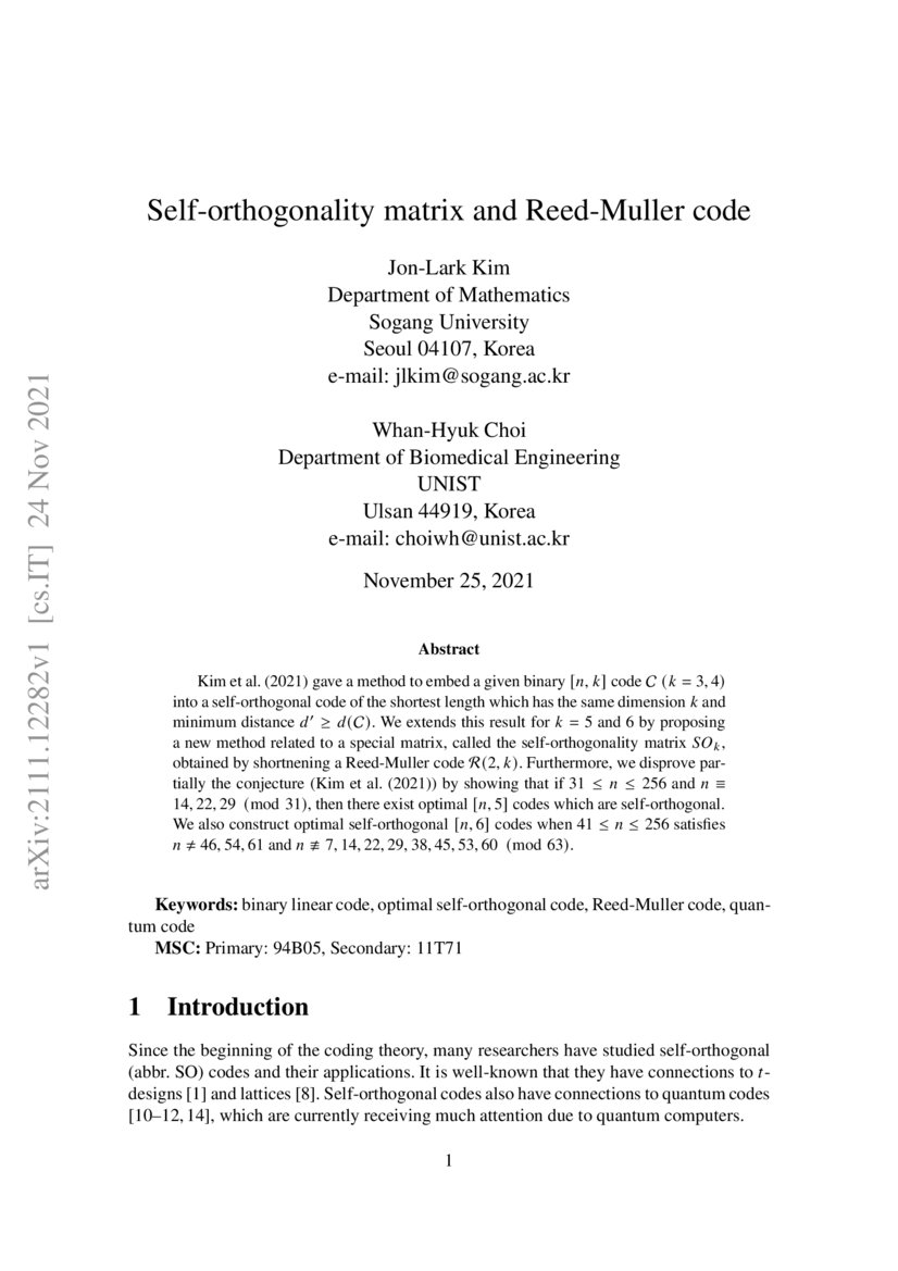 Self-orthogonality matrix and Reed-Muller code | DeepAI