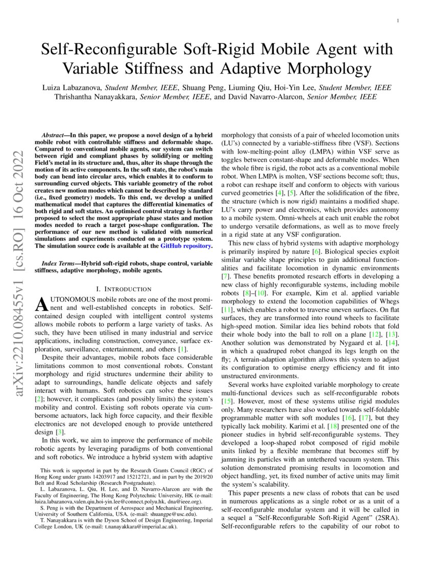 Self Reconfigurable Soft Rigid Mobile Agent With Variable Stiffness And Adaptive Morphology Deepai