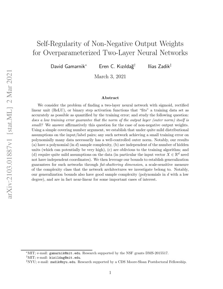 Self-Regularity of Non-Negative Output Weights for Overparameterized ...