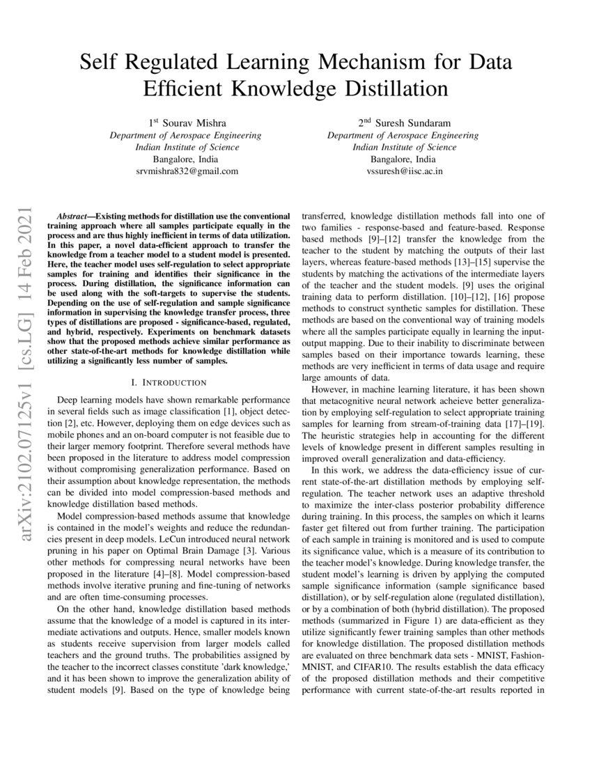 Self Regulated Learning Mechanism for Data Efficient Knowledge Distillation | DeepAI