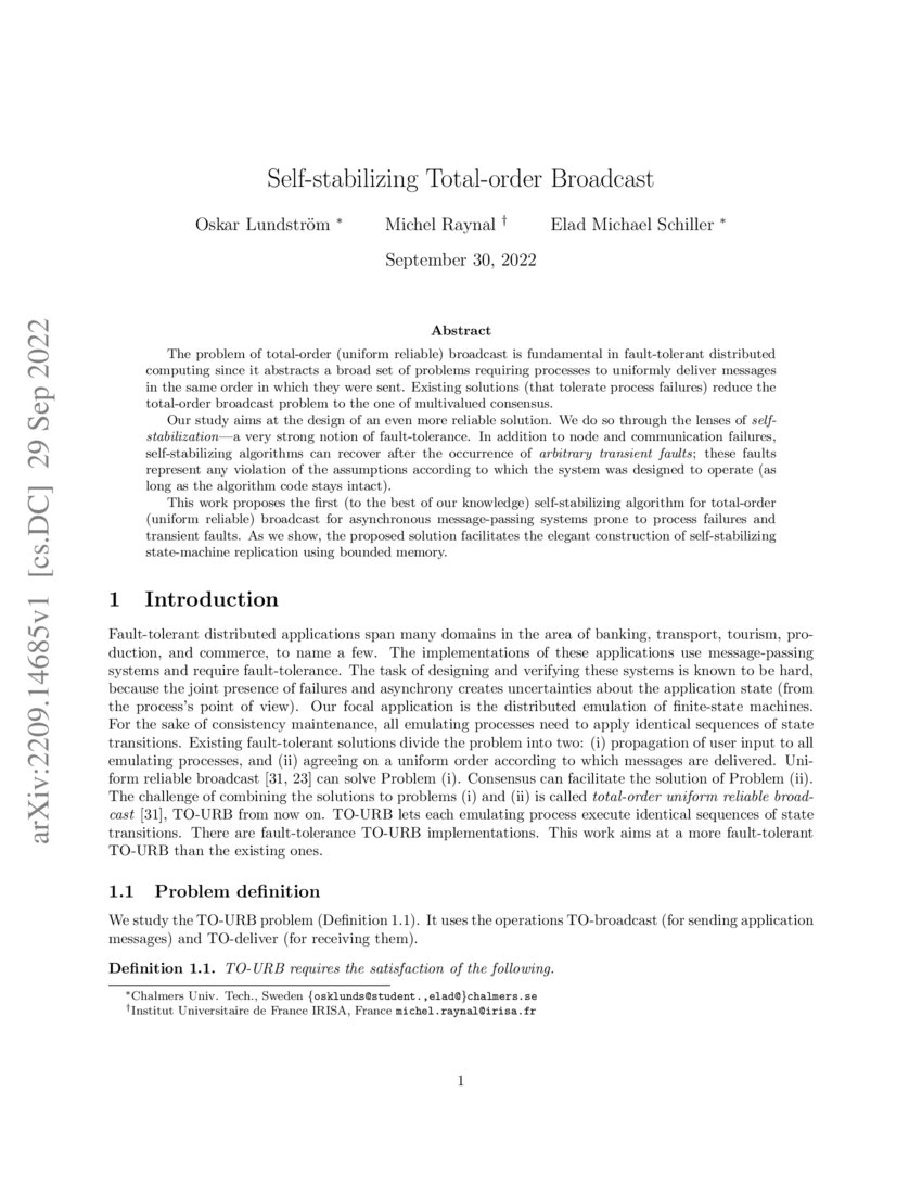 Self-stabilizing Total-order Broadcast | DeepAI