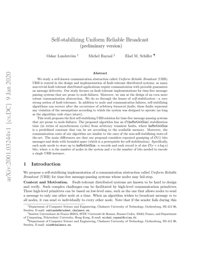 Self-stabilizing Uniform Reliable Broadcast | DeepAI