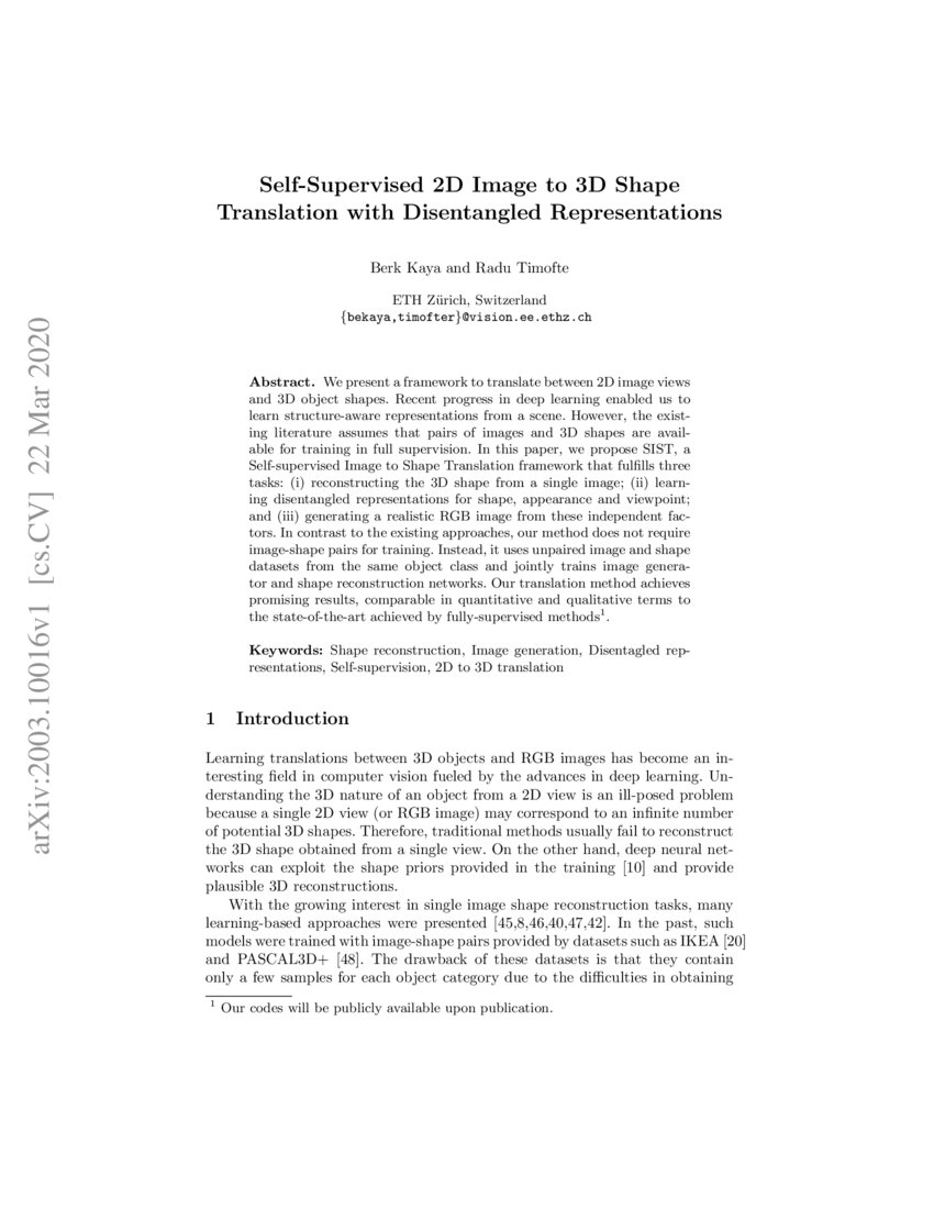 Self-Supervised 2D Image to 3D Shape Translation with Disentangled Representations | DeepAI