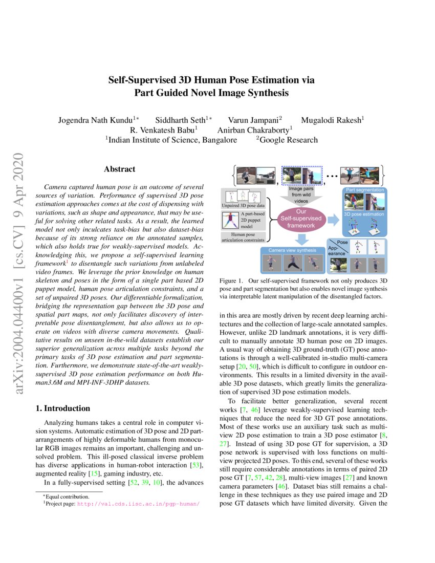 Self Supervised 3d Human Pose Estimation Via Part Guided Novel Image Synthesis Deepai