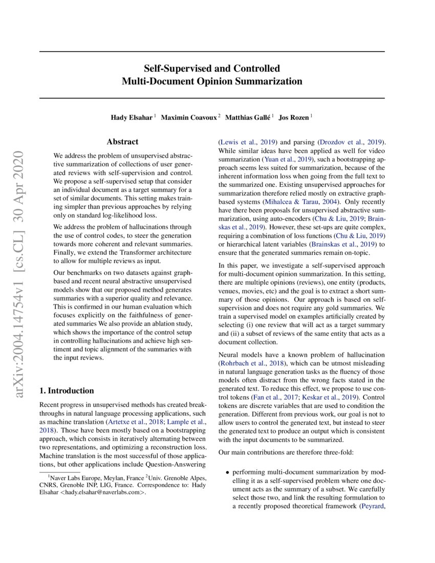 Self-Supervised and Controlled Multi-Document Opinion Summarization ... Self-Supervised and Controlled Multi-Document Opinion Summarization ...