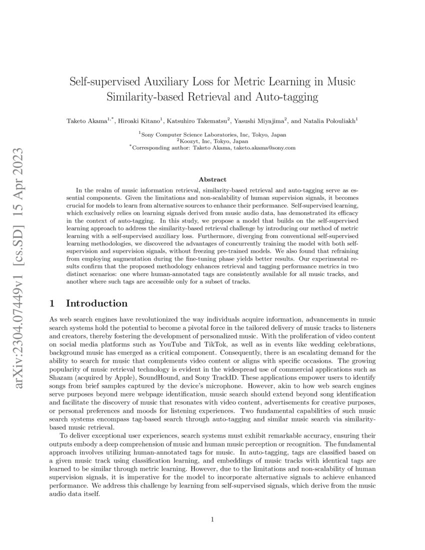 Self Supervised Auxiliary Loss For Metric Learning In Music Similarity Based Retrieval And Auto