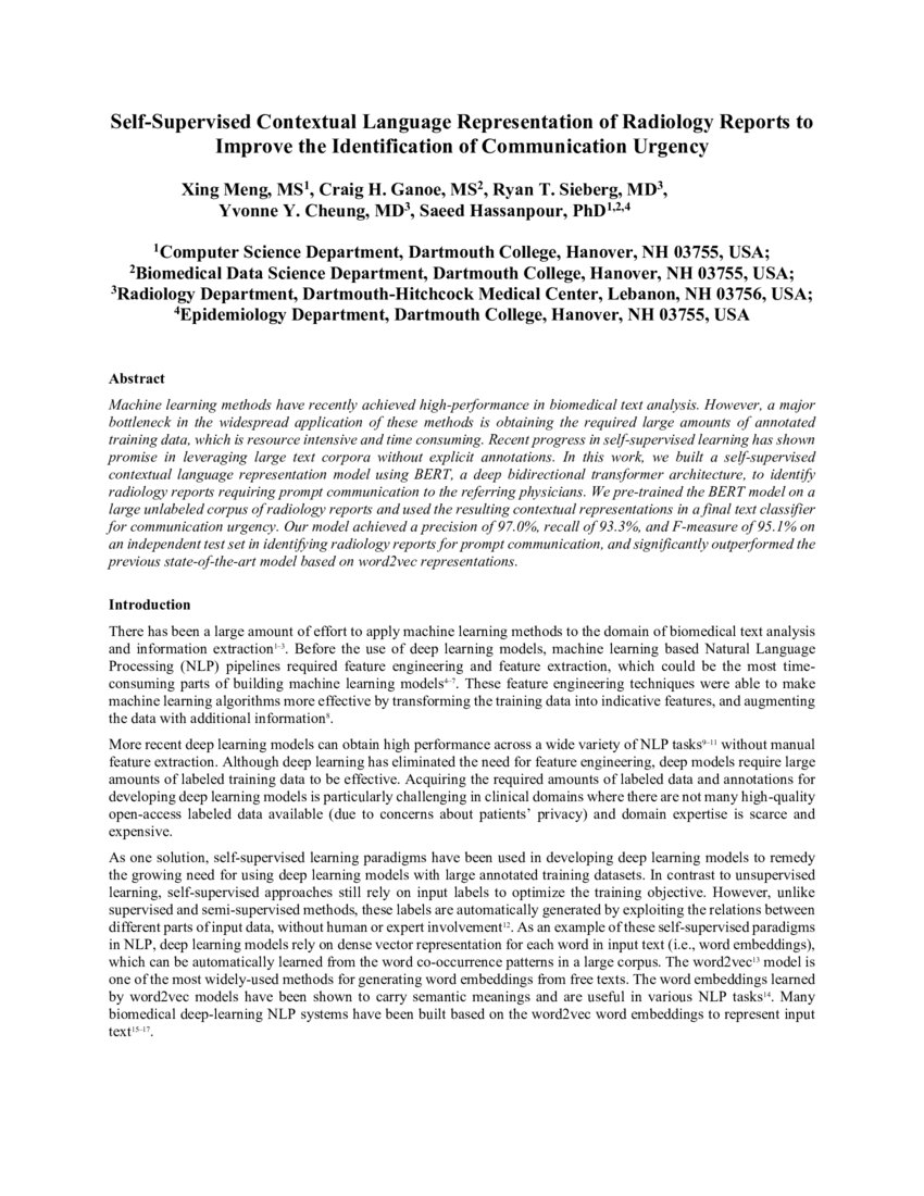 Self-Supervised Contextual Language Representation of Radiology Reports to Improve the ...