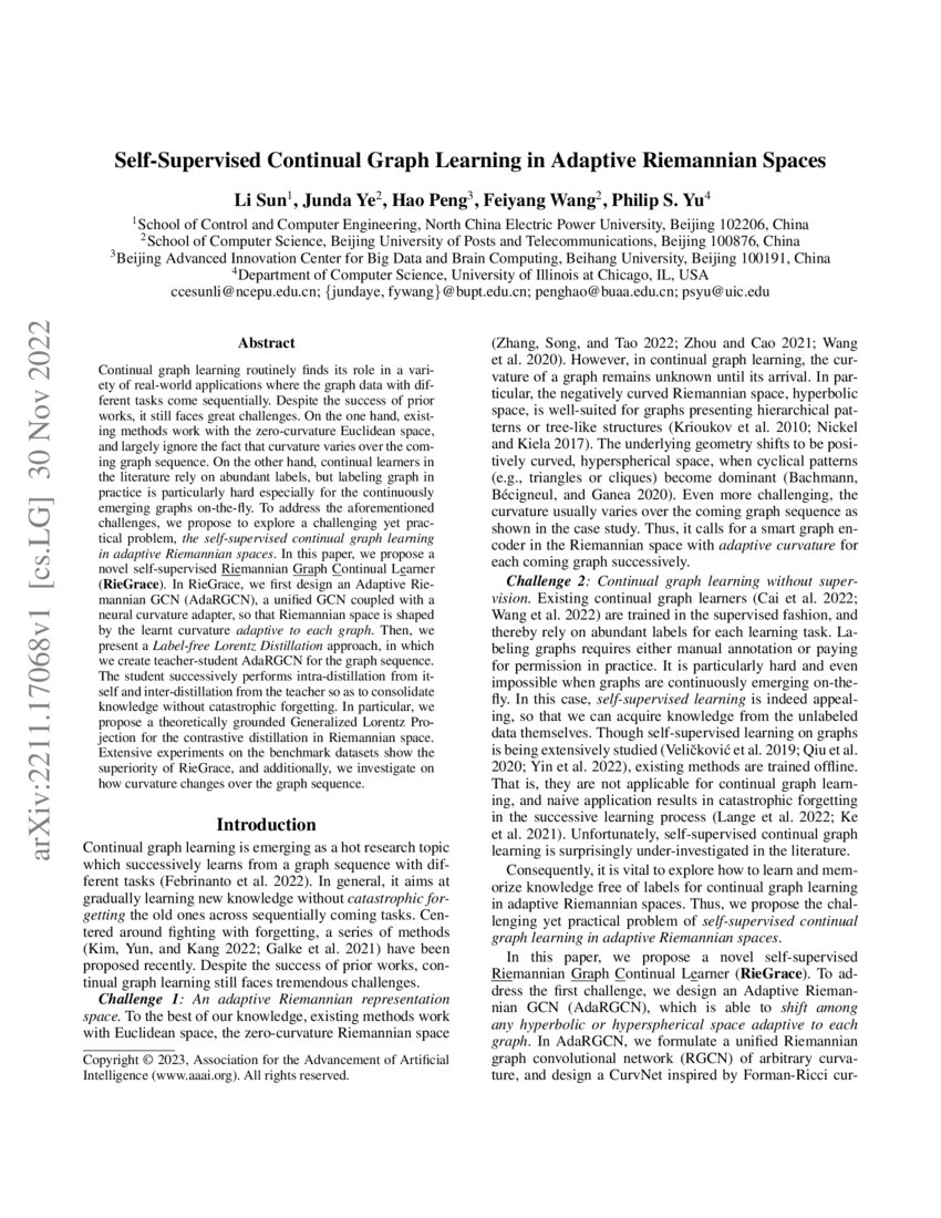 Self-Supervised Continual Graph Learning in Adaptive Riemannian Spaces ... Self-Supervised Continual Graph Learning in Adaptive Riemannian Spaces ...