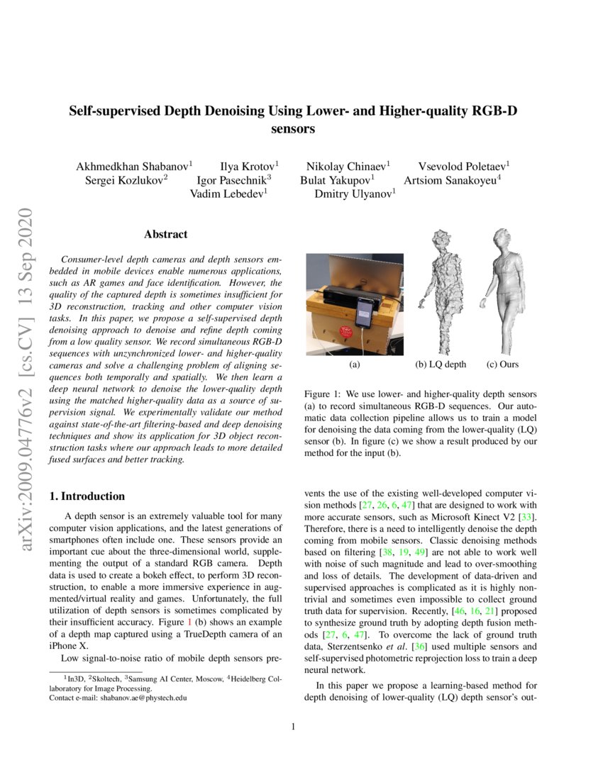 Self-supervised Depth Denoising Using Lower- and Higher-quality RGB-D sensors | DeepAI