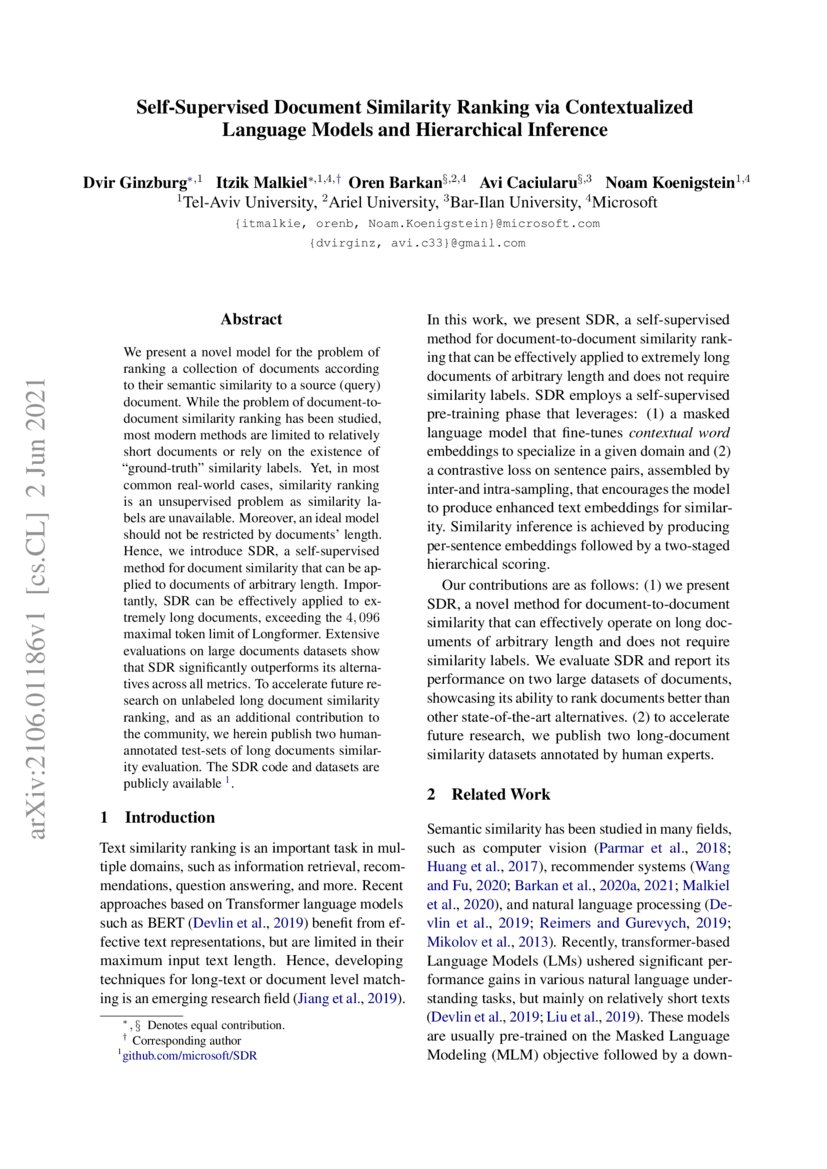 Self Supervised Document Similarity Ranking Via Contextualized Language Models And Hierarchical