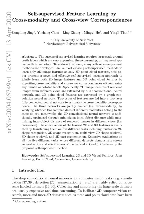 Self-supervised Feature Learning by Cross-modality and Cross-view ... Self-supervised Feature Learning by Cross-modality and Cross-view ...