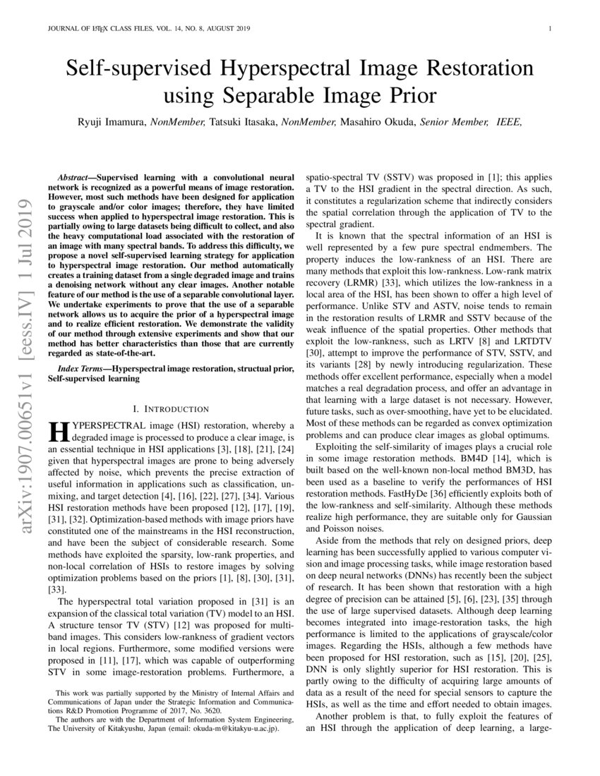Self Supervised Hyperspectral Image Restoration Using Separable Image Prior Deepai