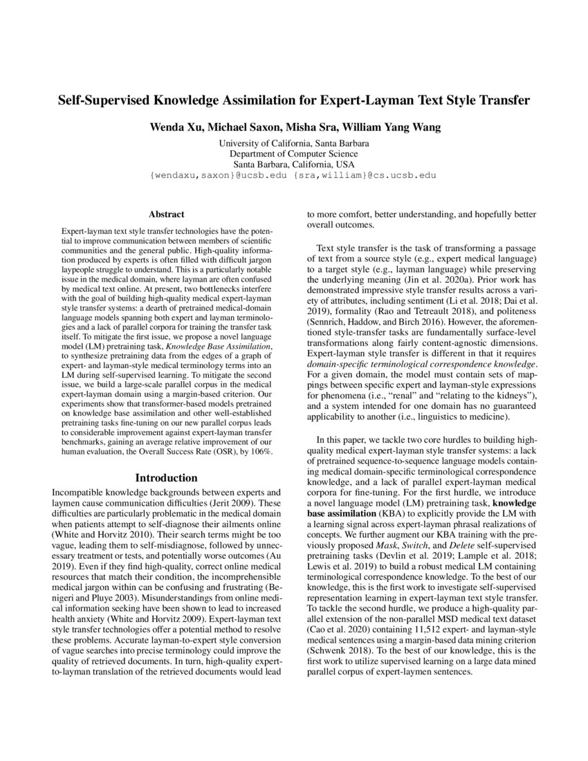 Self-Supervised Knowledge Assimilation for Expert-Layman Text Style ...