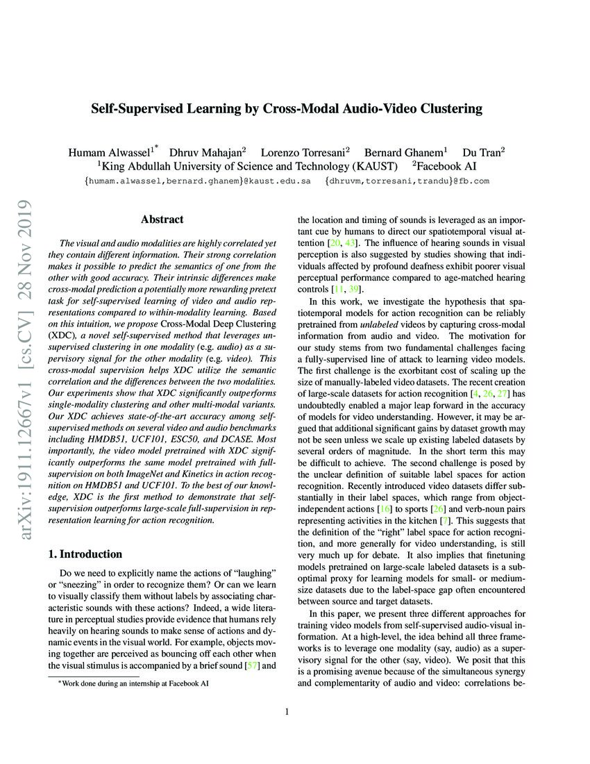 Self-Supervised Learning by Cross-Modal Audio-Video Clustering | DeepAI