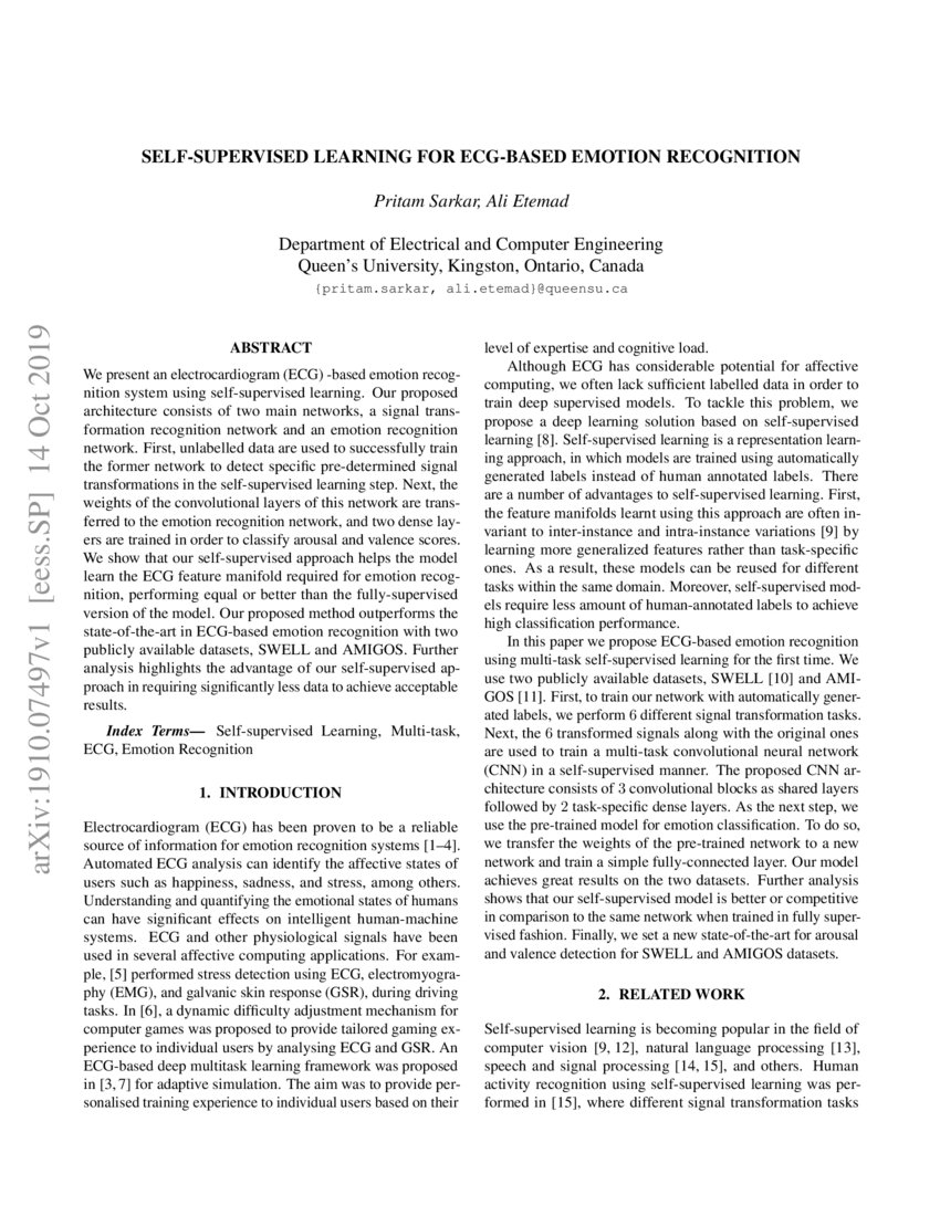 Self Supervised Learning For Ecg Based Emotion Recognition Deepai