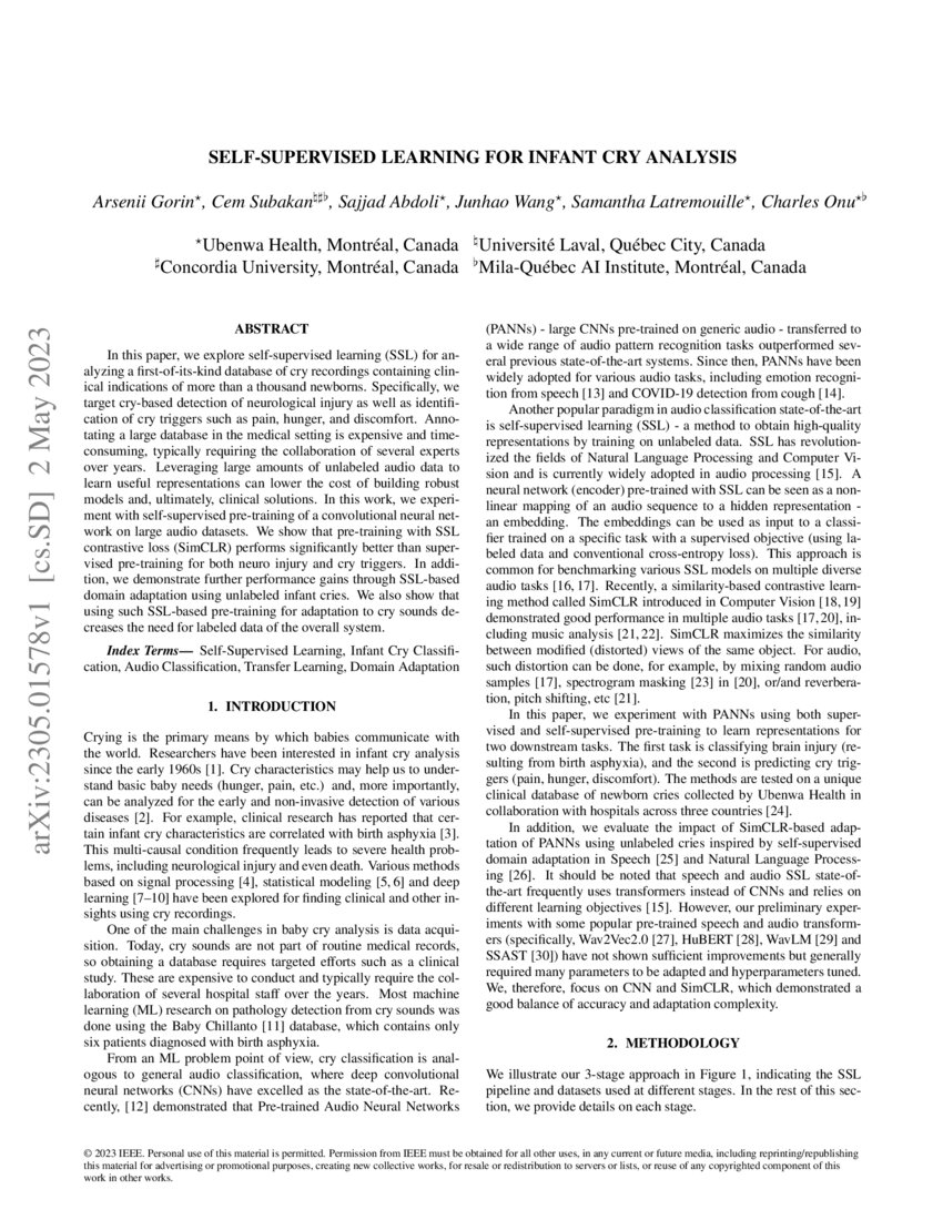 Self-supervised learning for infant cry analysis | DeepAI Self-supervised learning for infant cry analysis | DeepAI