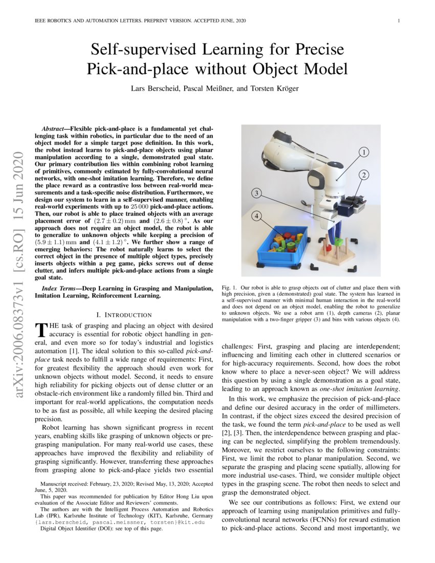 Self-supervised Learning for Precise Pick-and-place without Object Model | DeepAI