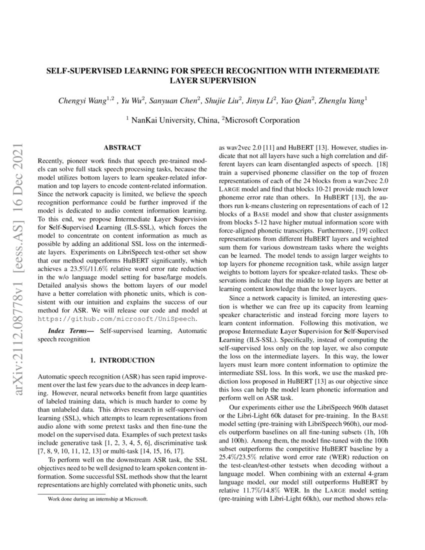 Self-Supervised Learning for speech recognition with Intermediate layer supervision | DeepAI