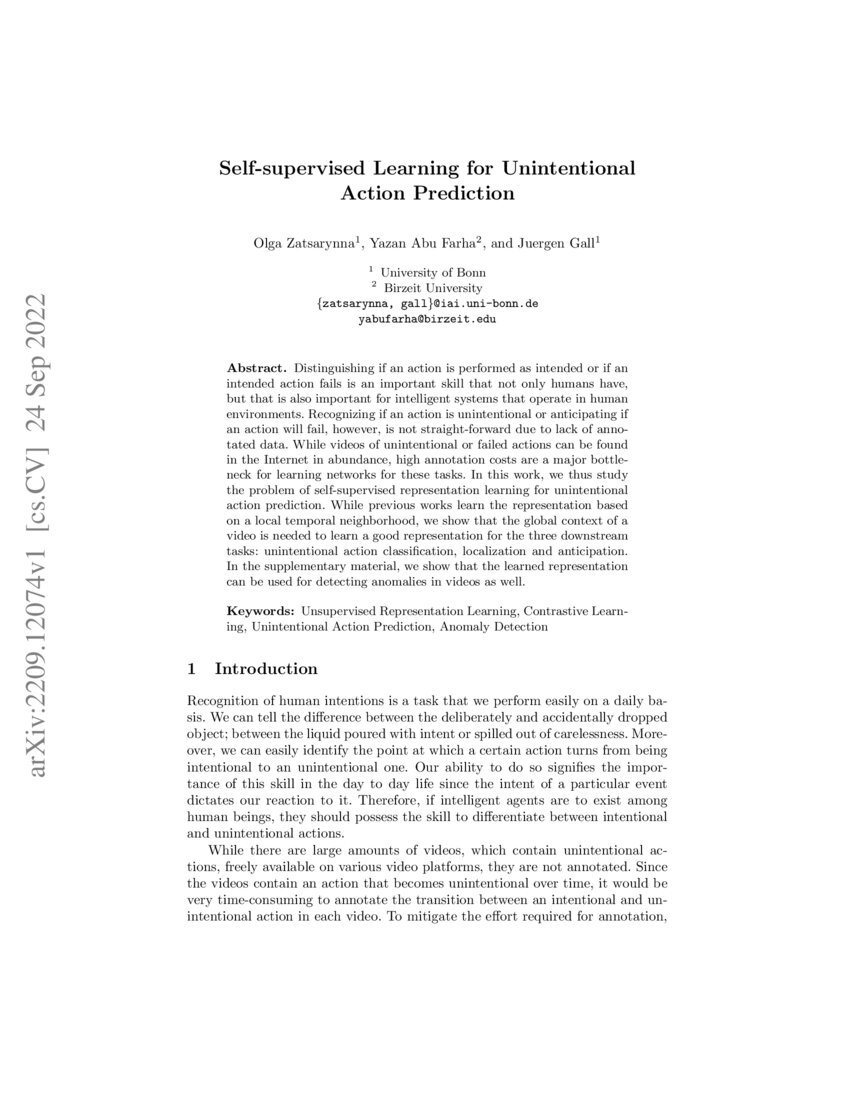 Self-supervised Learning for Unintentional Action Prediction | DeepAI