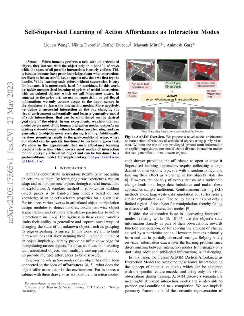 Self-Supervised Learning of Action Affordances as Interaction Modes | DeepAI