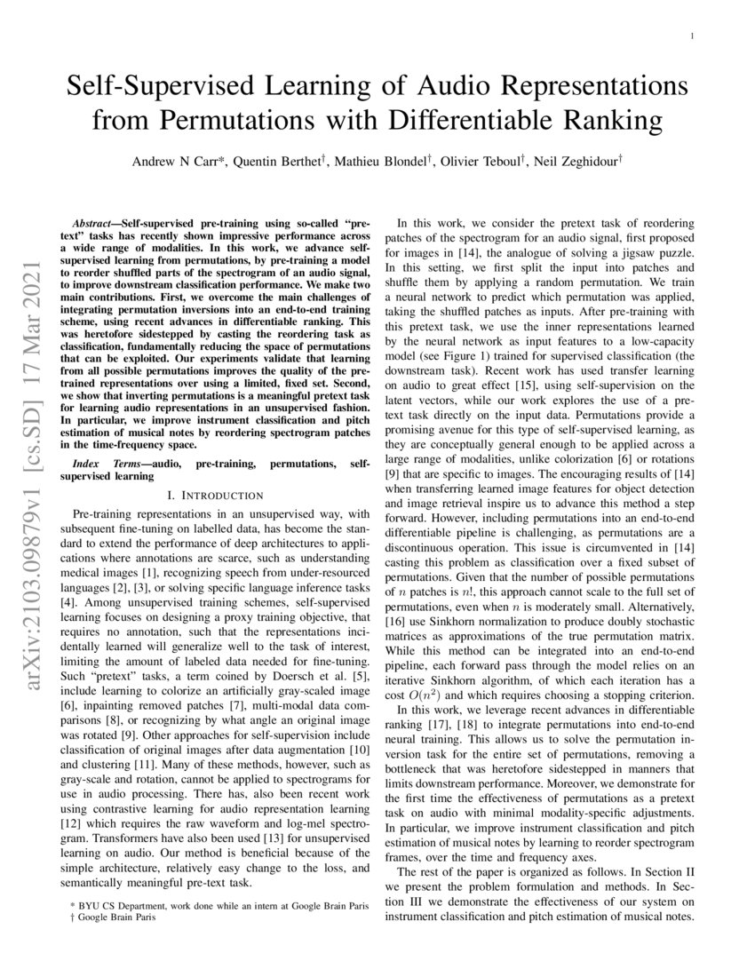 Self-Supervised Learning of Audio Representations from Permutations with Differentiable Ranking ...