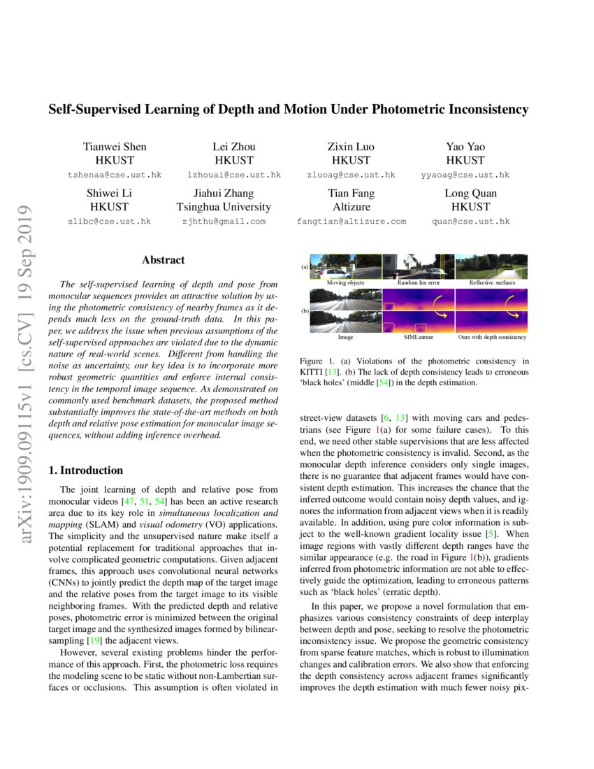 Self-Supervised Learning of Depth and Motion Under Photometric Inconsistency | DeepAI