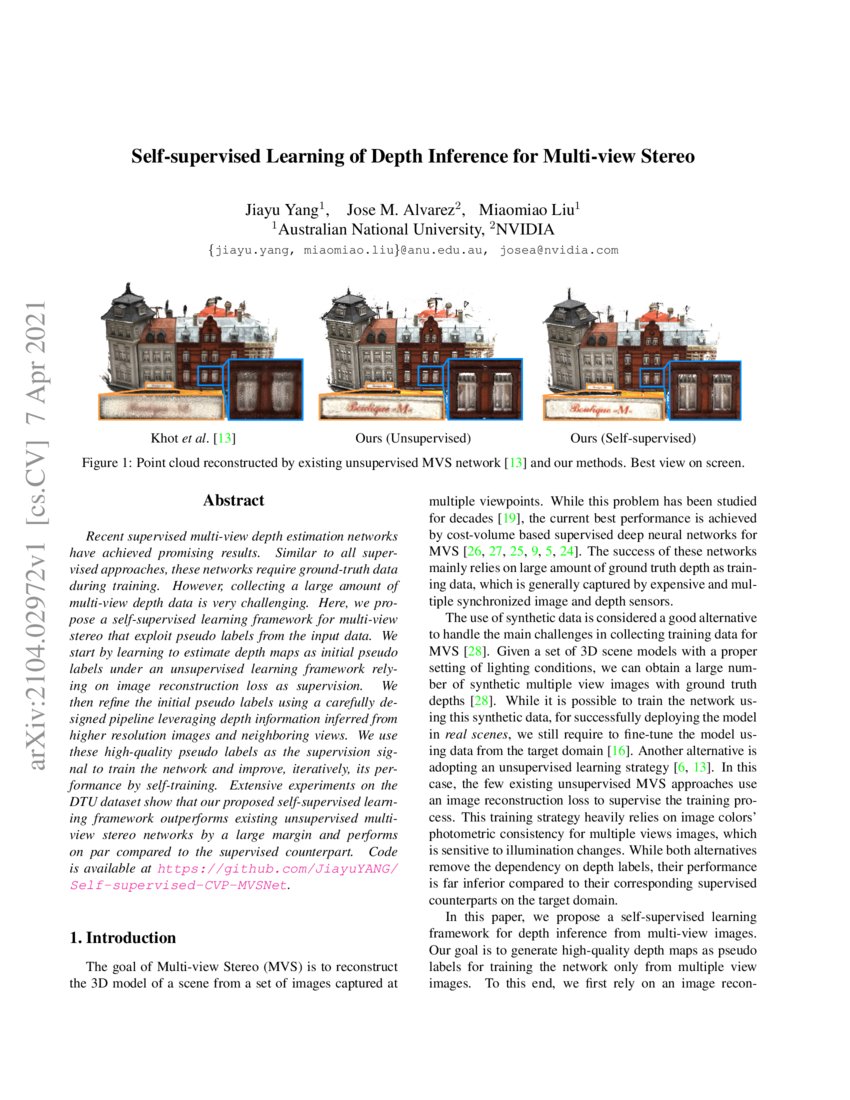 Self-supervised Learning of Depth Inference for Multi-view Stereo | DeepAI