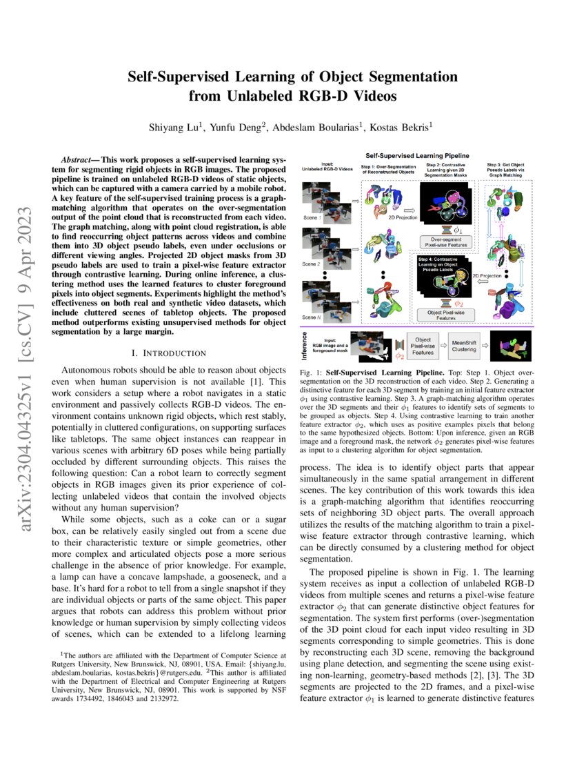 Self Supervised Learning Of Object Segmentation From Unlabeled Rgb D Videos Deepai