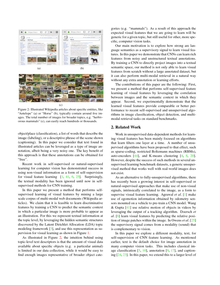 Self-supervised learning of visual features through embedding images into text topic spaces | DeepAI