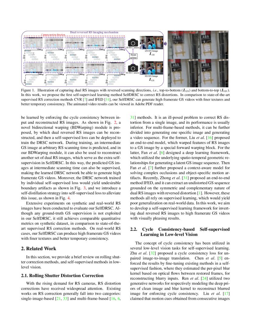 Self-supervised Learning to Bring Dual Reversed Rolling Shutter Images Alive | DeepAI