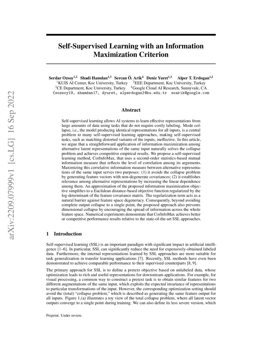 Self Supervised Learning With An Information Maximization Criterion Deepai 