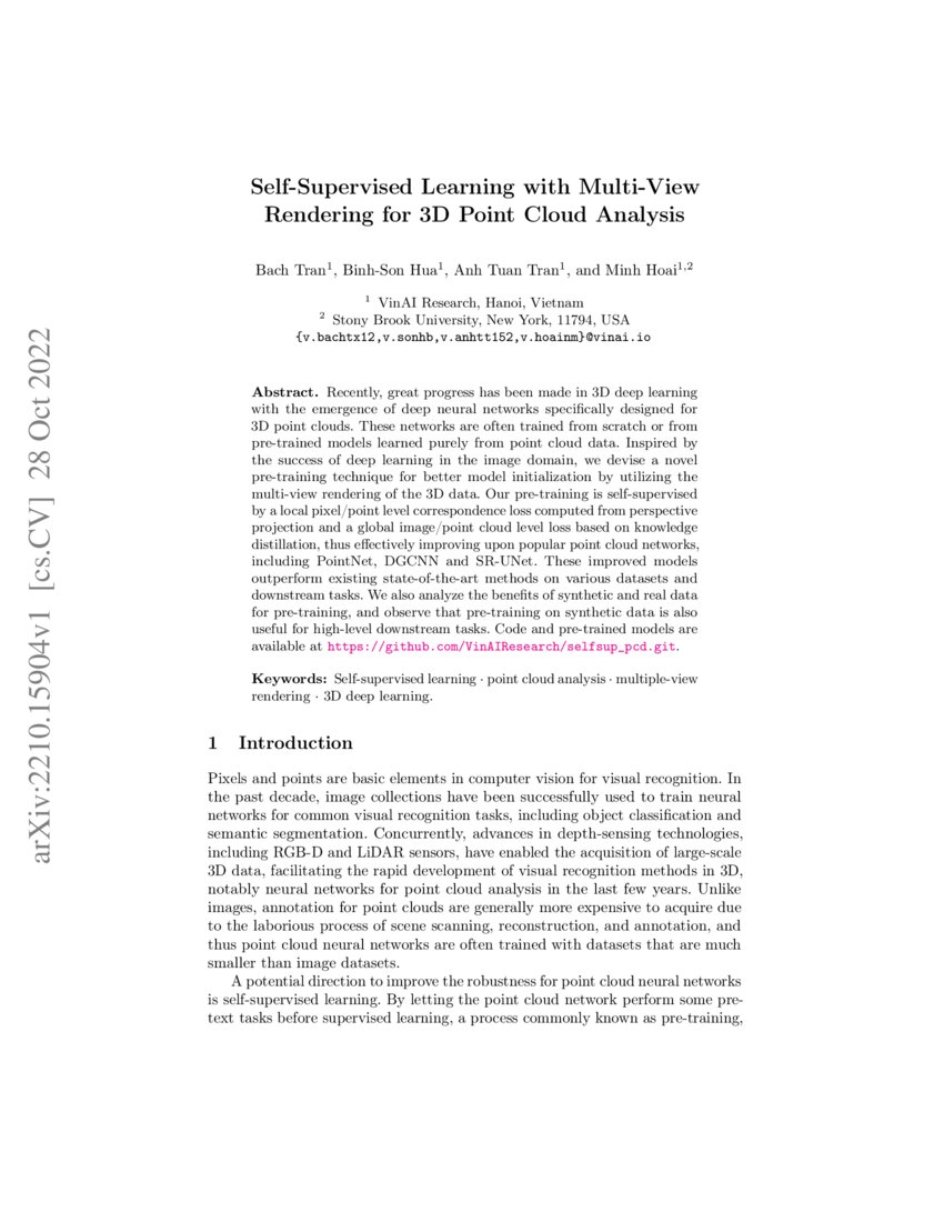 Self Supervised Learning With Multi View Rendering For 3d Point Cloud Analysis Deepai 