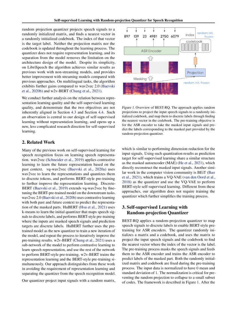 Self-supervised Learning with Random-projection Quantizer for Speech Recognition | DeepAI