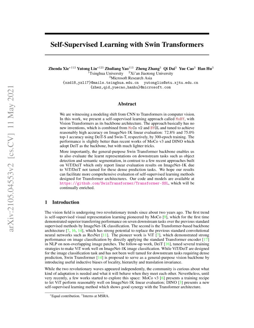 Self-Supervised Learning with Swin Transformers | DeepAI Self-Supervised Learning with Swin Transformers | DeepAI