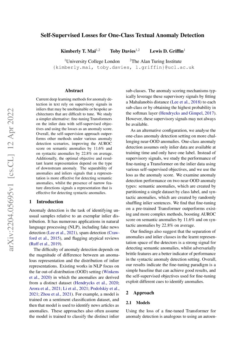 Self Supervised Losses For One Class Textual Anomaly Detection Deepai 