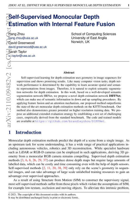 Self Supervised Monocular Depth Estimation With Internal Feature Fusion Deepai