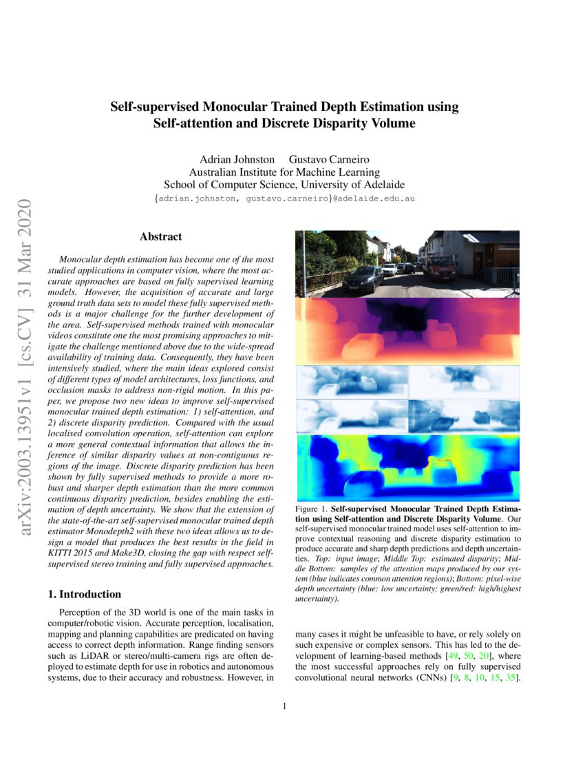 Self Supervised Monocular Trained Depth Estimation Using Self Attention