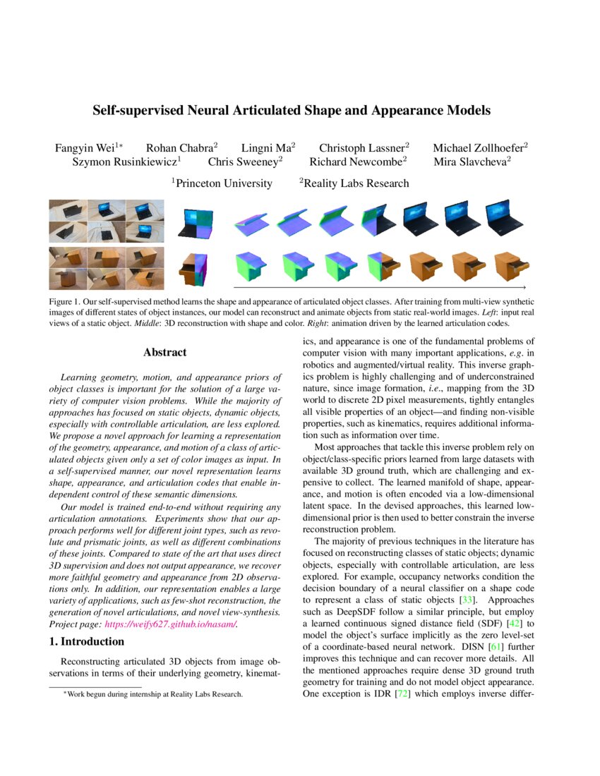 Self-supervised Neural Articulated Shape and Appearance Models | DeepAI Self-supervised Neural Articulated Shape and Appearance Models | DeepAI